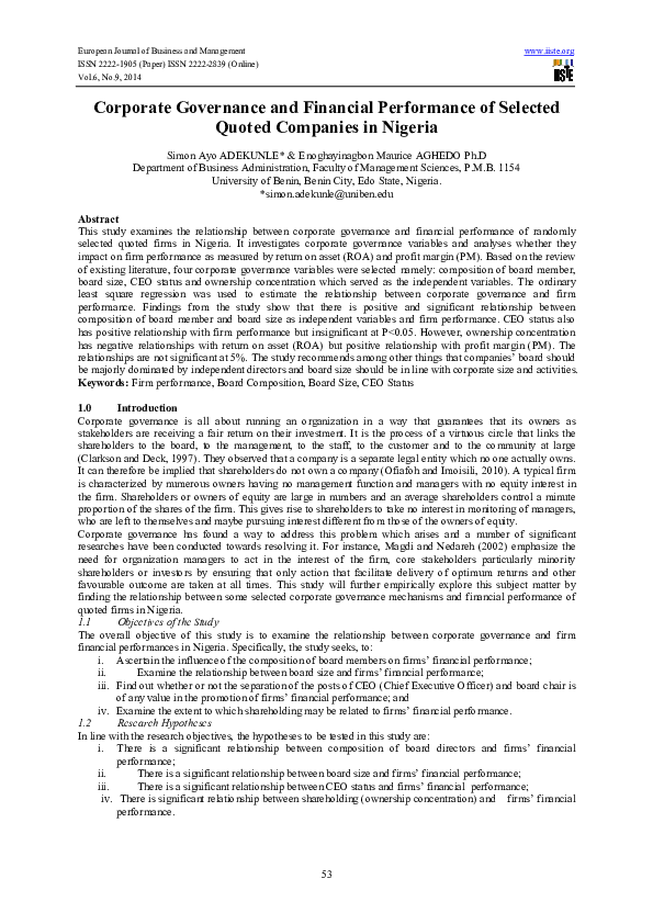 (PDF) Corporate Governance and Financial Performance of Selected Quoted Companies in Nigeria