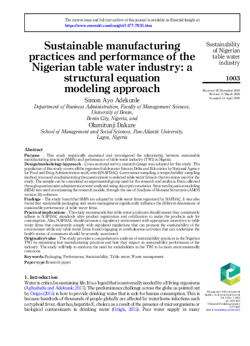 (PDF) Sustainable manufacturing practices and performance of the Nigerian table water industry ...