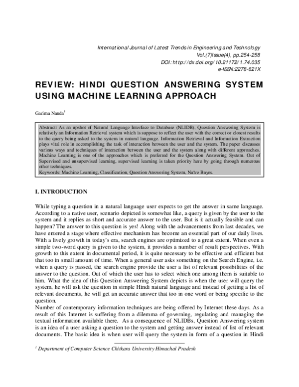 (PDF) A Hindi Question Answering System using Machine Learning approach