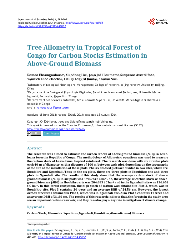 (PDF) Tree Allometry in Tropical Forest of Congo for Carbon Stocks ...