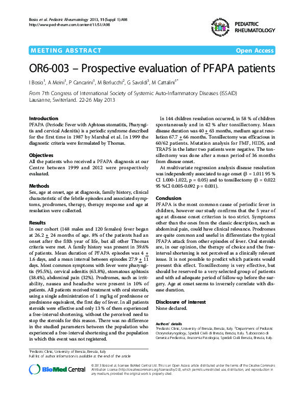 (PDF) OR6-003 – Prospective evaluation of PFAPA patients