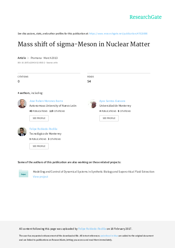 (PDF) Mass shift of σ-meson in nuclear matter