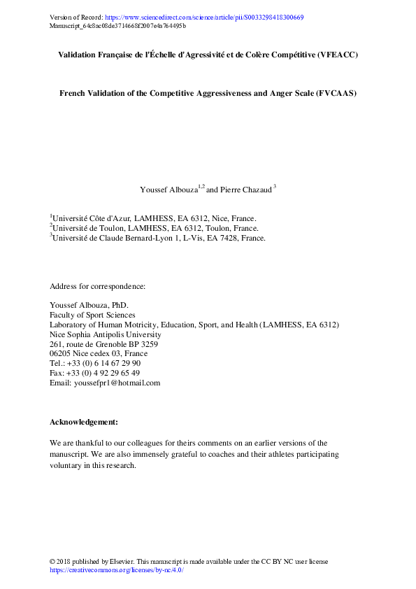 (PDF) French Validation of the Competitive Aggressiveness and Anger Scale (FVCAAS)