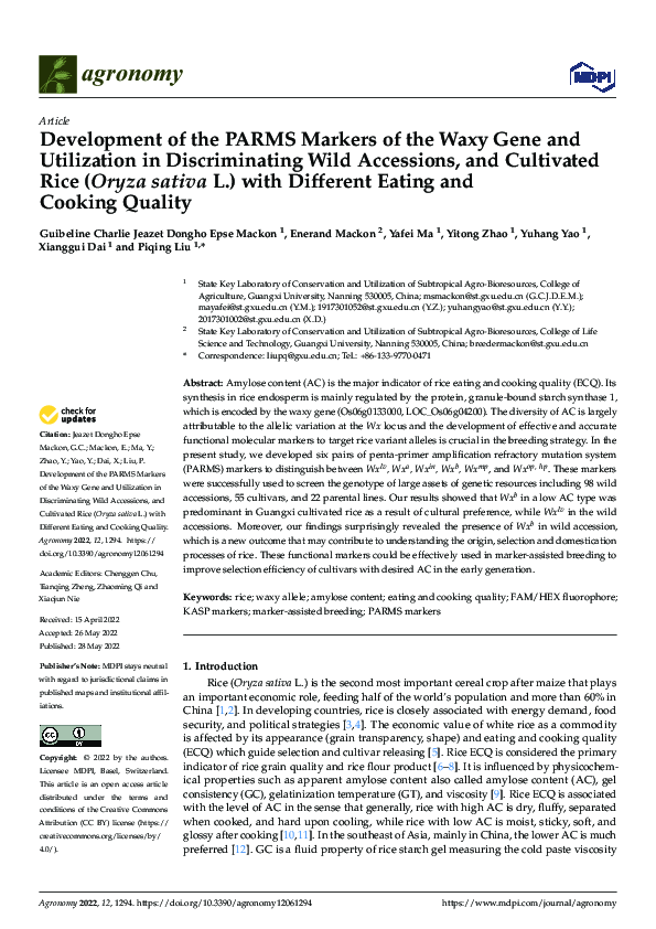 (PDF) Development of the PARMS Markers of the Waxy Gene and Utilization ...