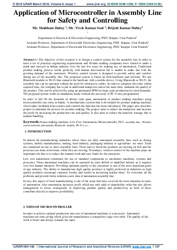 (PDF) Application of Microcontroller in Assembly Line for Safety and Controlling