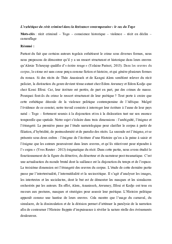 (DOC) Projet de thèse : L'ESTHÉTIQUE DU RÉCIT CRIMINEL DANS LA LITTÉRATURE FRANCOPHONE : LE CAS ...