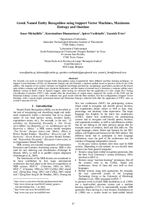 Pdf Greek Named Entity Recognition Using Support Vector Machines Maximum Entropy And Onetime