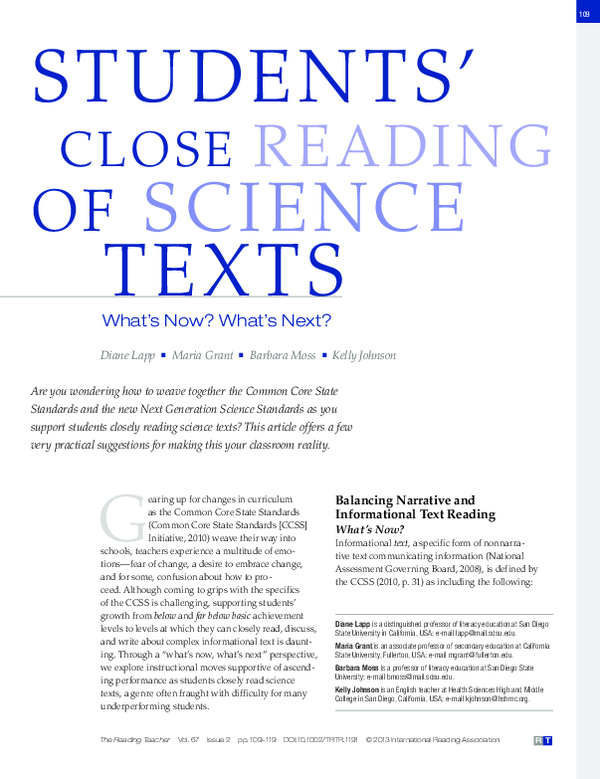 (PDF) Students' Close reading of science Texts