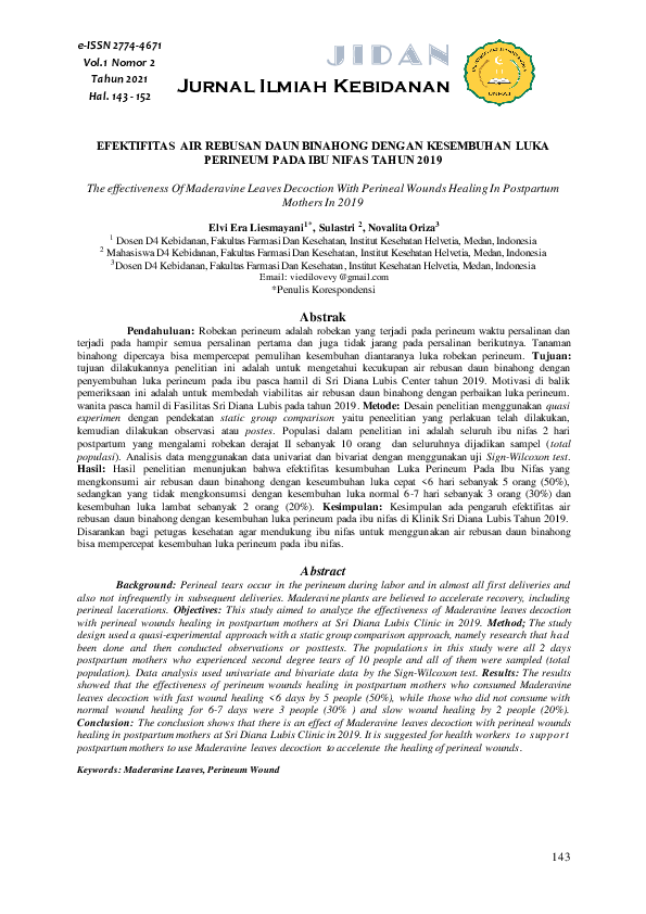 (PDF) Efektifitas Air Rebusan Daun Binahong Dengan Kesembuhan Luka Perineum Pada Ibu Nifas Tahun ...