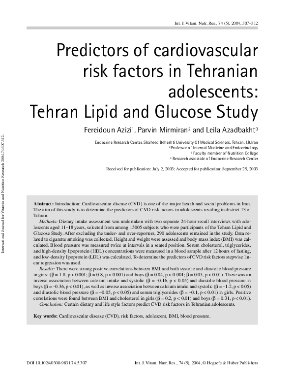 (PDF) Predictors of cardiovascular risk factors in Tehranian ...