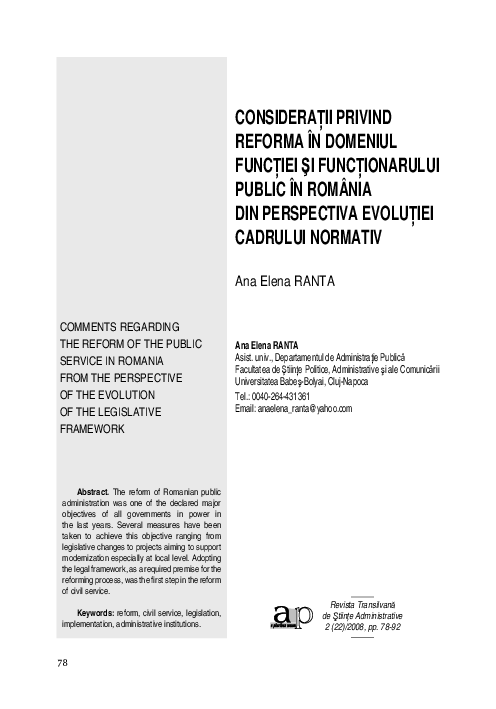 (PDF) Considerații privind reforma în domeniul funcției și funcționarului public în România din ...