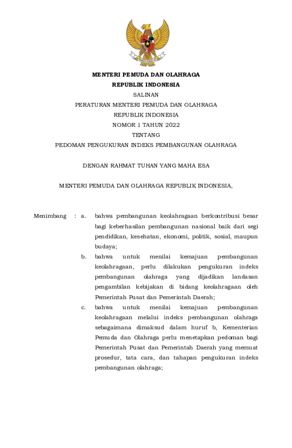 (PDF) Salinan Permenpora Nomor 1 tahun 2022 New