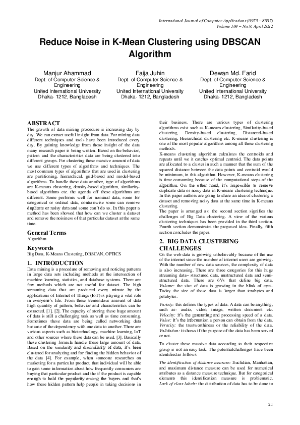 (PDF) Noise Reduction in K-Means Clustering with DBSCAN (PDF) Noise Reduction in K-Means Clustering with DBSCAN