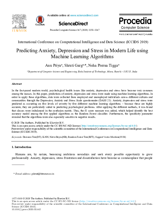 (PDF) Predicting Anxiety, Depression and Stress in Modern Life using Machine Learning Algorithms