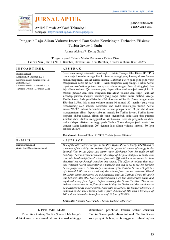 (PDF) Pengaruh Laju Aliran Volume Internal Dan Sudut Kemiringan Terhadap Efisiensi Turbin Screw ...