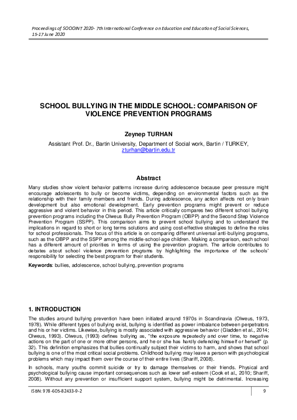 (PDF) School Bullying in the Middle School: Comparison of Violence ...