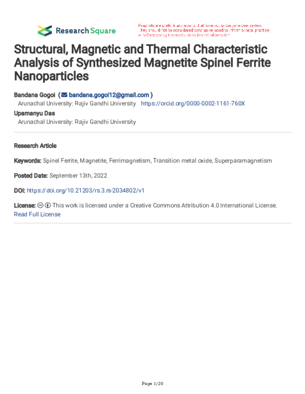 (PDF) Structural, Magnetic and Thermal Characteristic Analysis of Synthesized Magnetite Spinel ...
