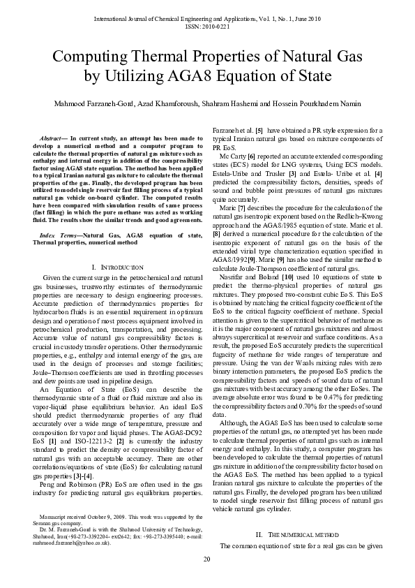 (PDF) Computing Thermal Properties of Natural Gas by Utilizing AGA8 ...
