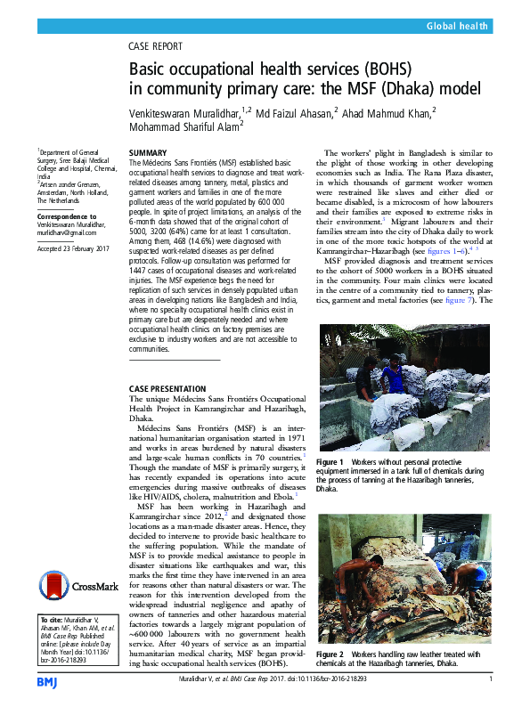 (PDF) Basic occupational health services (BOHS) in community primary care: the MSF (Dhaka) model