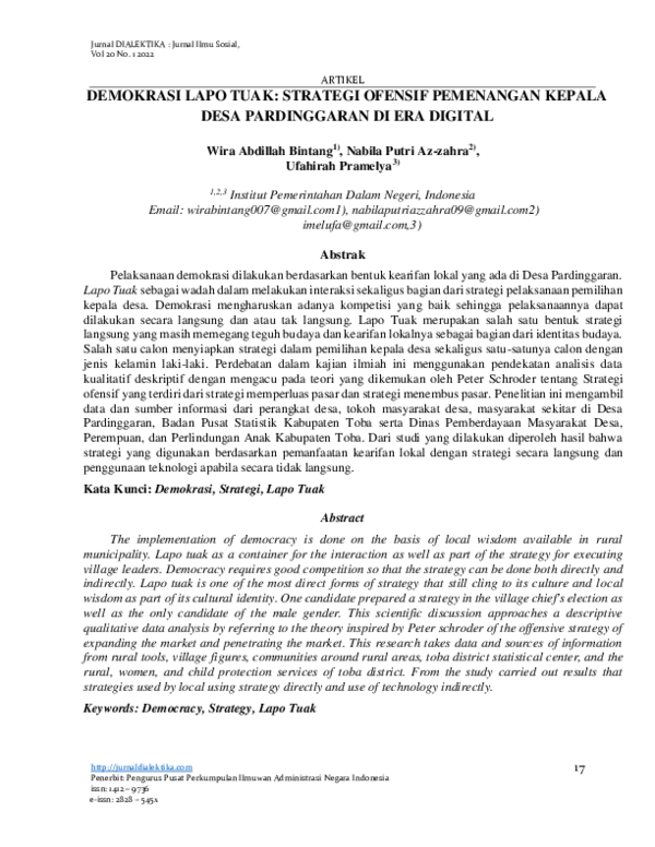 (PDF) Demokrasi Lapo Tuak: Strategi Ofensif Pemenangan Kepala Desa Pardinggaran DI Era Digital