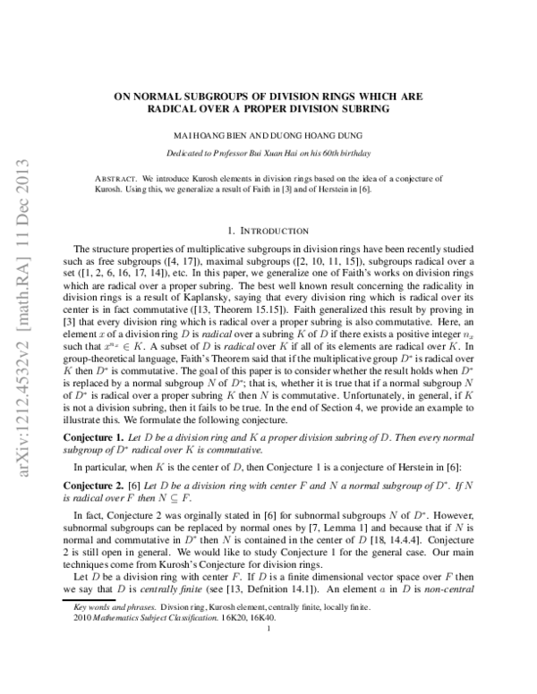 (PDF) On normal subgroups of division rings which are radical over a ...