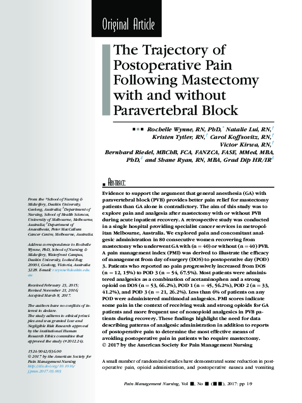 (PDF) The Trajectory of Postoperative Pain Following Mastectomy with ...