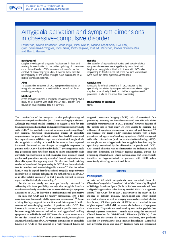 (PDF) Amygdala activation and symptom dimensions in obsessive ...