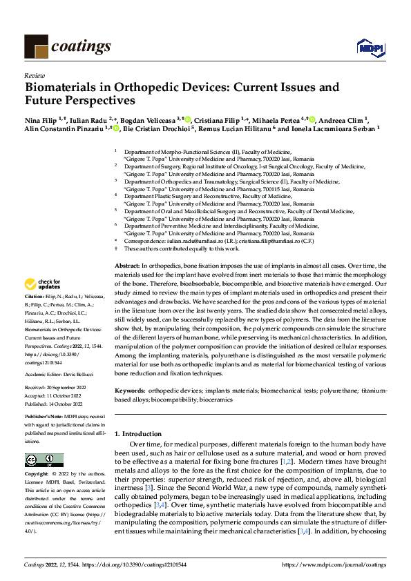 (PDF) Biomaterials in Orthopedic Devices: Current Issues and Future Perspectives