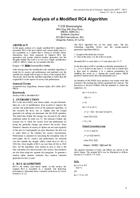 Pdf Analysis Of A Modified Rc4 Algorithm Tharindu Weerasinghe