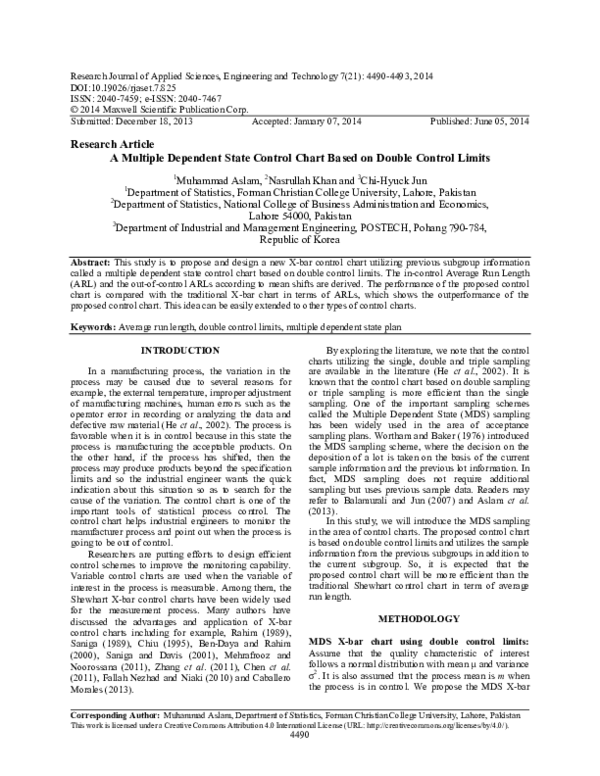 (PDF) A Multiple Dependent State Control Chart Based on Double Control Limits