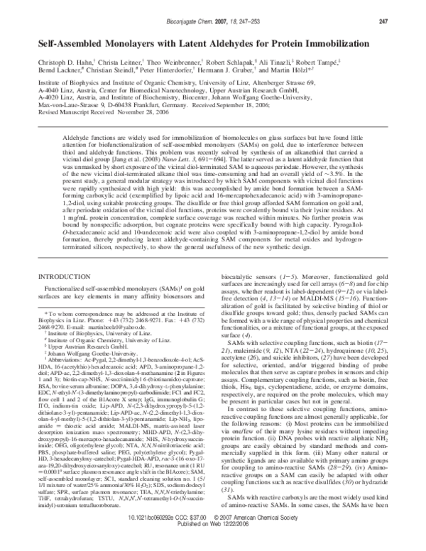 (PDF) Self-Assembled Monolayers with Latent Aldehydes for Protein Immobilization