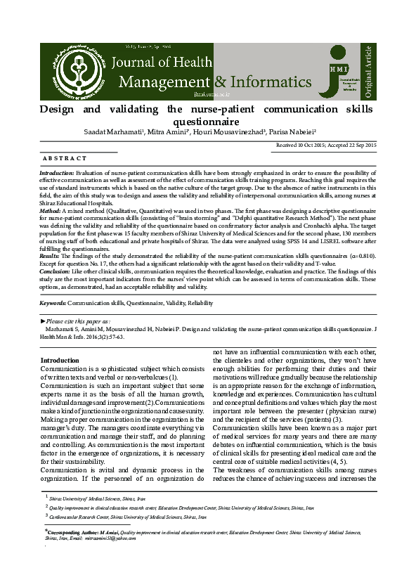 (PDF) Design and validating the nurse-patient communication skills ...