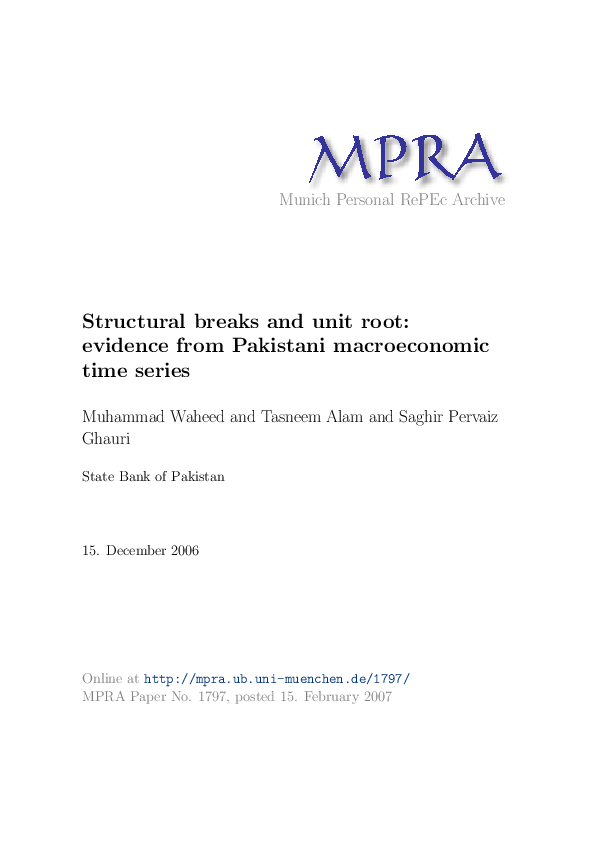 (PDF) Structural Breaks and Unit Root: Evidence from Pakistani Macroeconomic Time Series ...