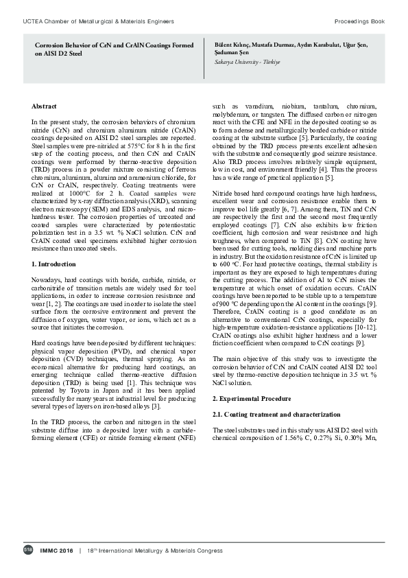 (PDF) Corrosion Behavior of CrN and CrAlN Coatings Formed on AISI D 2 Steel