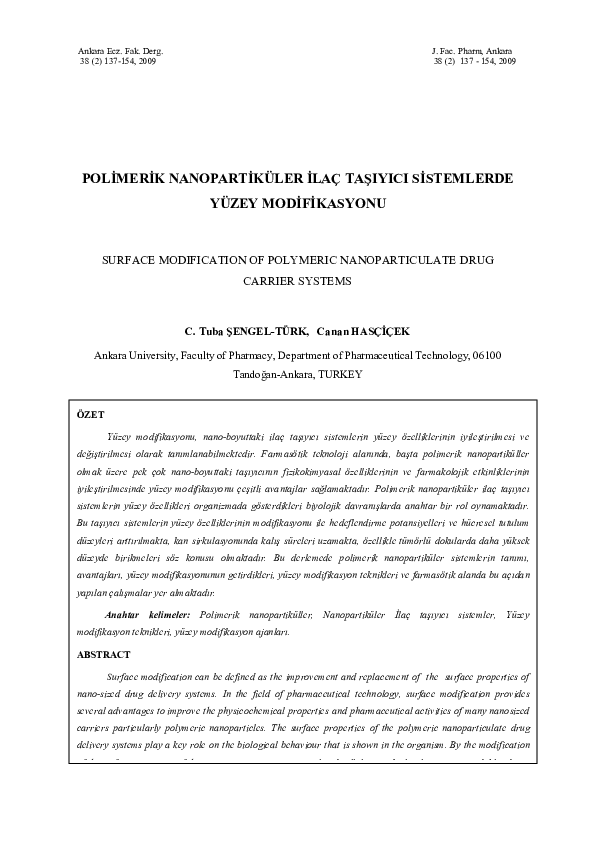 (PDF) Polimerik nanopartikuler ilaç taşıyıcı sistemlerde yüzey ...