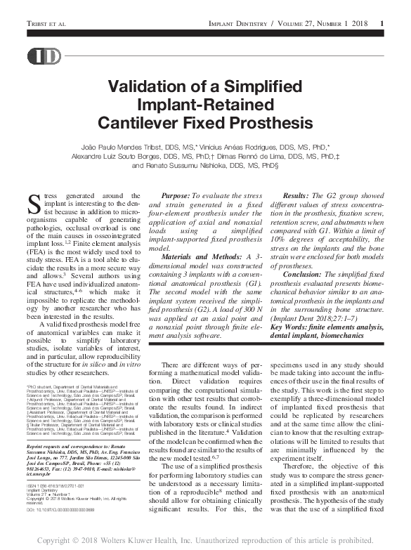 Pdf Validation Of A Simplified Implant Retained Cantilever Fixed Prosthesis