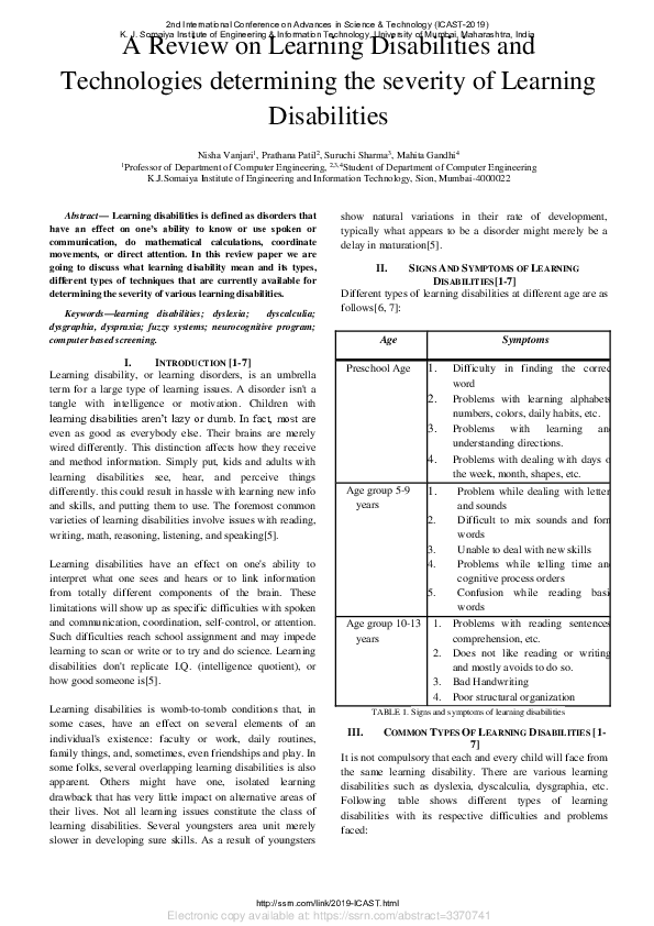 (PDF) A Review on Learning Disabilities and Technologies Determining ...