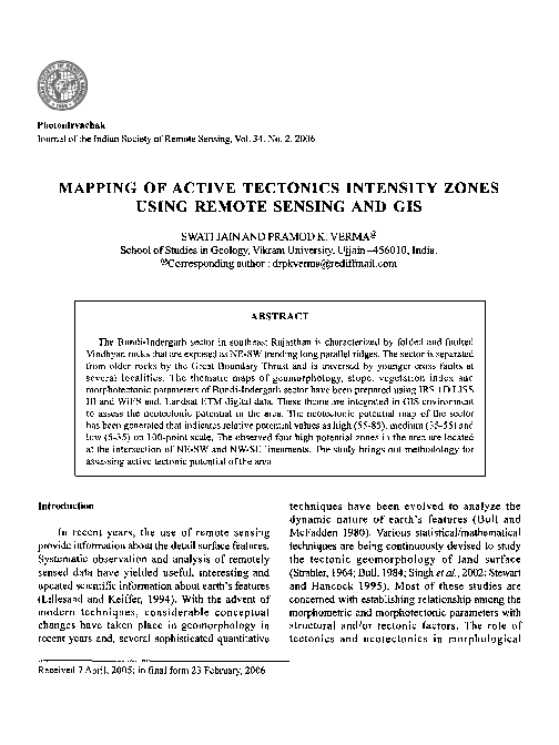 (PDF) Mapping of active tectonics intensity zones using remote sensing and GIS | Prof. Pramod K ...