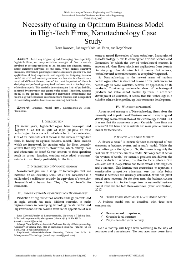 (PDF) Necessity Of Using An Optimum Business Model In High-Tech Firms, Nanotechnology Case Study