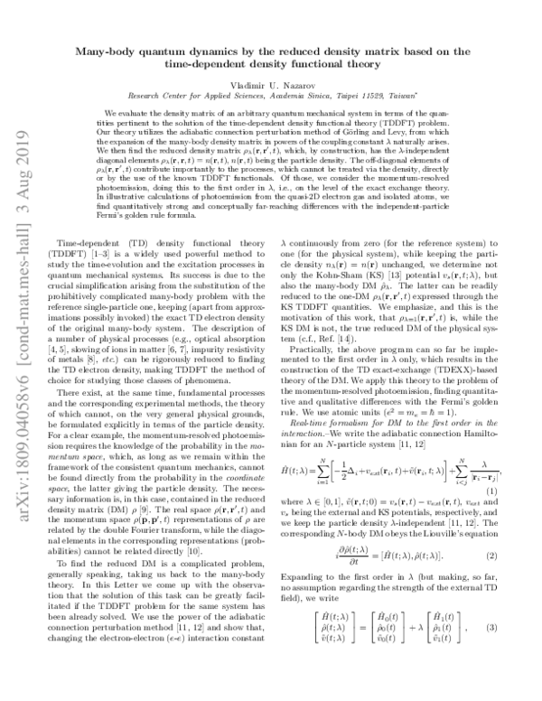 (PDF) Many-Body Quantum Dynamics by the Reduced Density Matrix Based on Time-Dependent Density ...