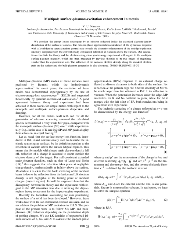 (PDF) Multipole surface-plasmon-excitation enhancement in metals