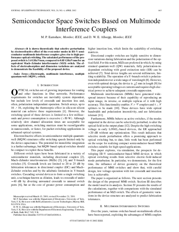 (PDF) Semiconductor space switches based on multimode interference couplers | Duncan Allsopp ...