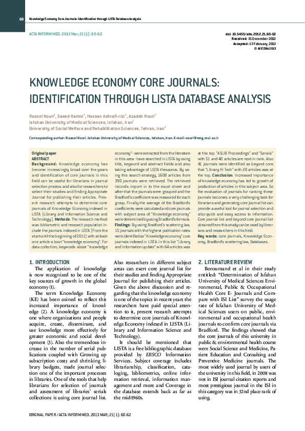 (PDF) Knowledge Economy Core Journals: Identification through LISTA ...