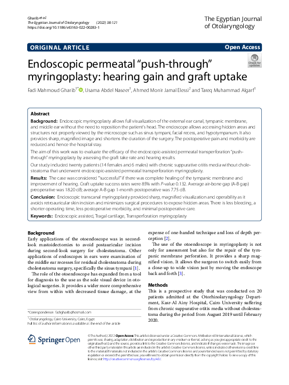 (PDF) Endoscopic permeatal “push-through” myringoplasty: hearing gain ...