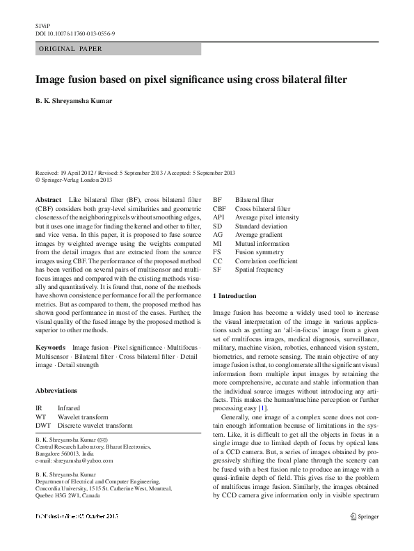 (PDF) Image fusion based on pixel significance using cross bilateral filter | BHOOPENDRA KUMAR ...