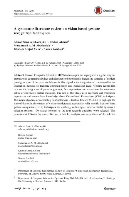 (PDF) A systematic literature review on vision based gesture ...