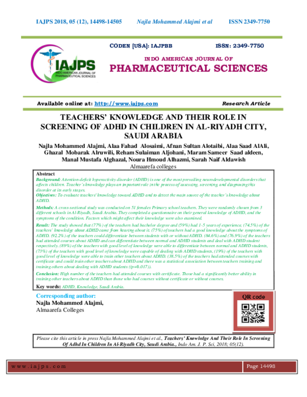 (PDF) Teachers' Knowledge and Their Role in Screening of Adhd in ...