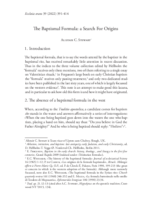 (PDF) Alistair C. Stewart, The Baptismal Formula: a Search For Origins ...