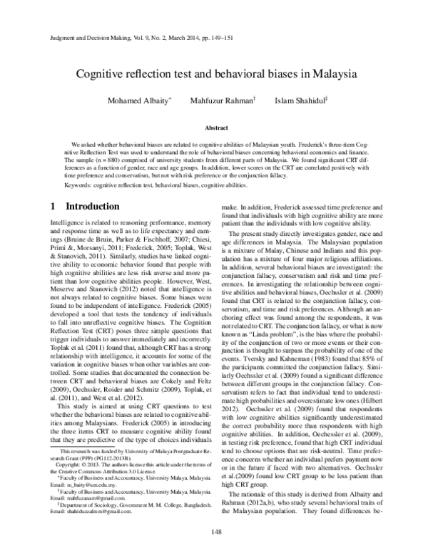 (PDF) Cognitive reflection test and behavioral biases in Malaysia
