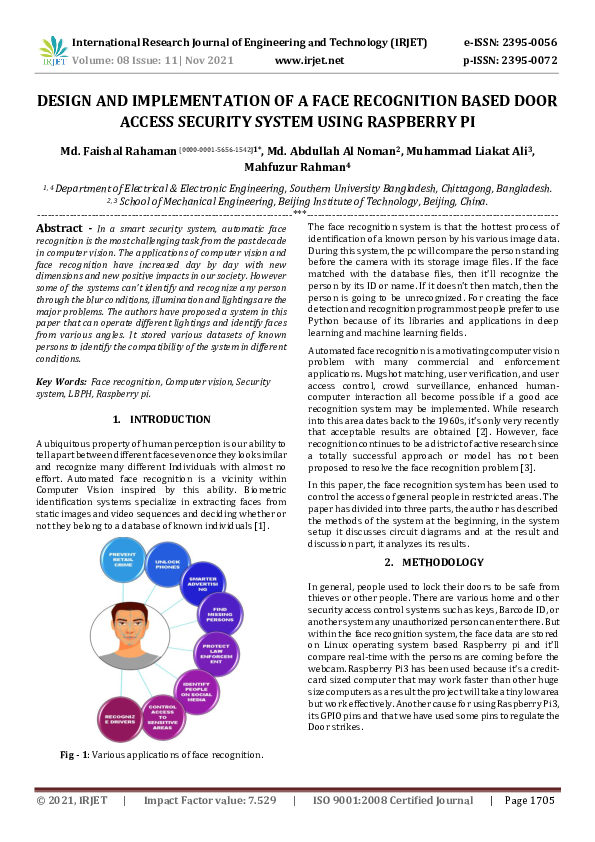 Pdf Design And Implementation Of A Face Recognition Based Door Access Security System Using